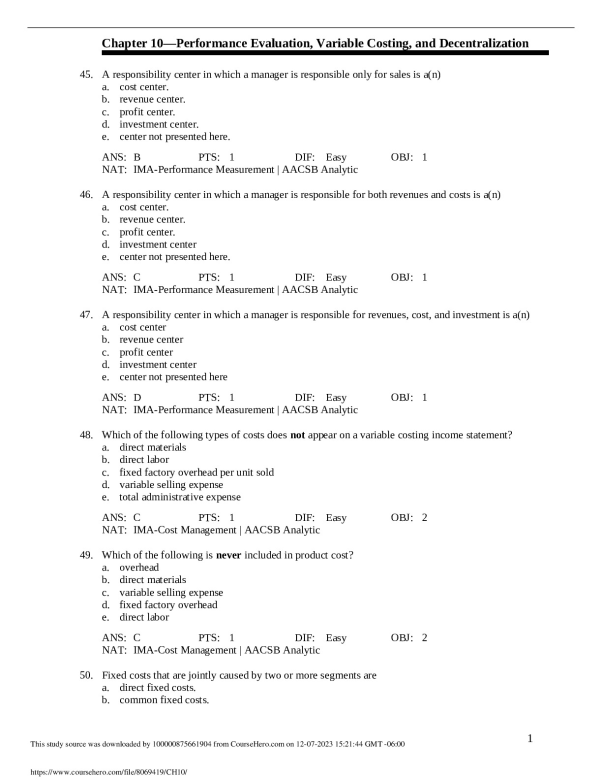 Chapter 10—Performance Evaluation, Variable Costing, and Decentralization