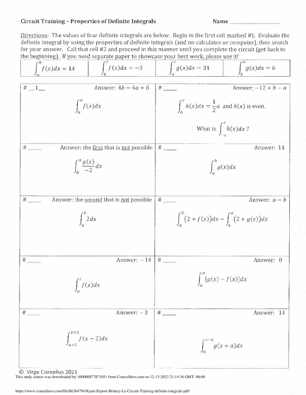 Circuit Training - Properties of Definite Integrals