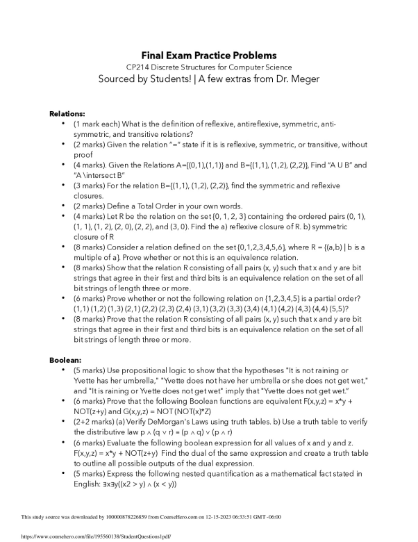 Final Exam Practice Problems CP214 Discrete Structures for Computer Science Sourced by Students ...