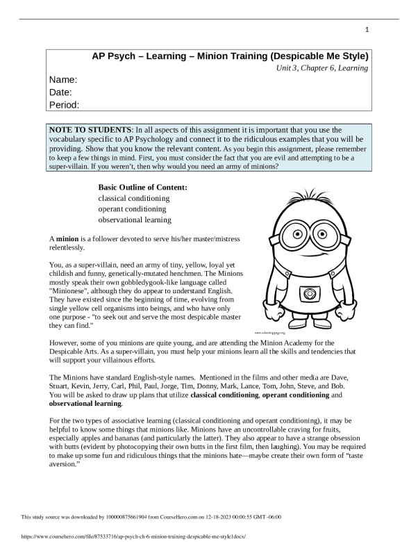 AP Psych – Learning – Minion Training (Despicable Me Style) Unit 3 ...