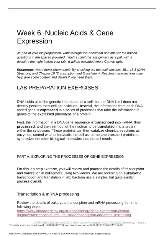 Week 06 Lab Prep - Nucleic Acids and Gene Expression. Simon Fraser ...