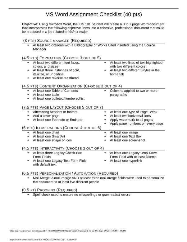 MS Word Assignment Checklist University of Hawaii ICS 101