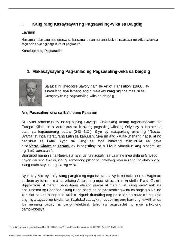 1. Makasaysayang Pag-unlad ng Pagsasaling-wika sa Daigdig Tarlac State University - Lucinda ...