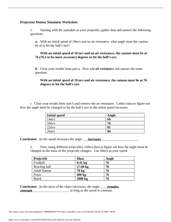 Projectile Motion Activity Sheet. Virtual Highh School SPH 4U