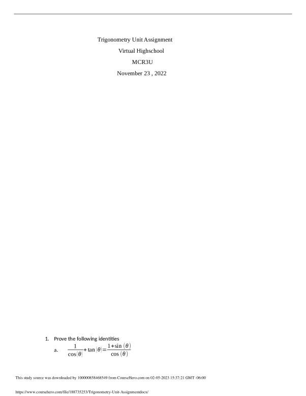 Trigonometry Unit Assignment. Virtual Highh School MATH MCR3U