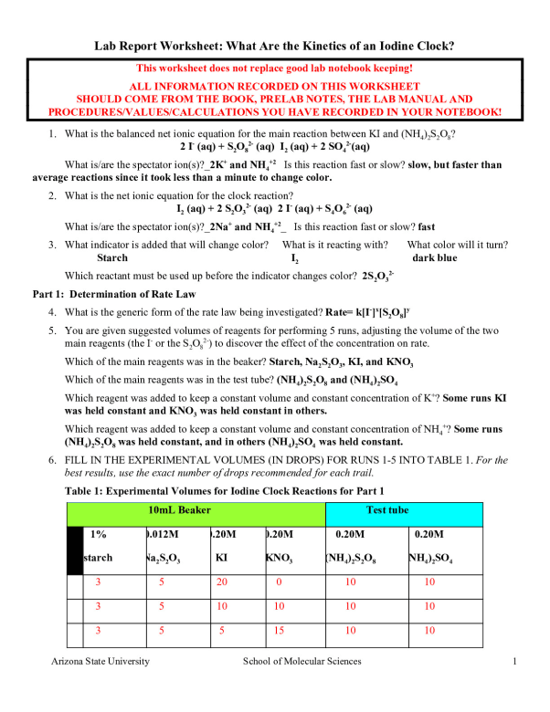 What are the Kinetics of an Iodine Clock Reaction WORKSHEET STUDENT ...