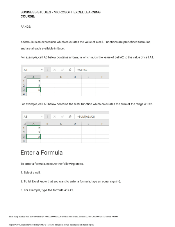 excel functions notes - business and statistics Australian National ...