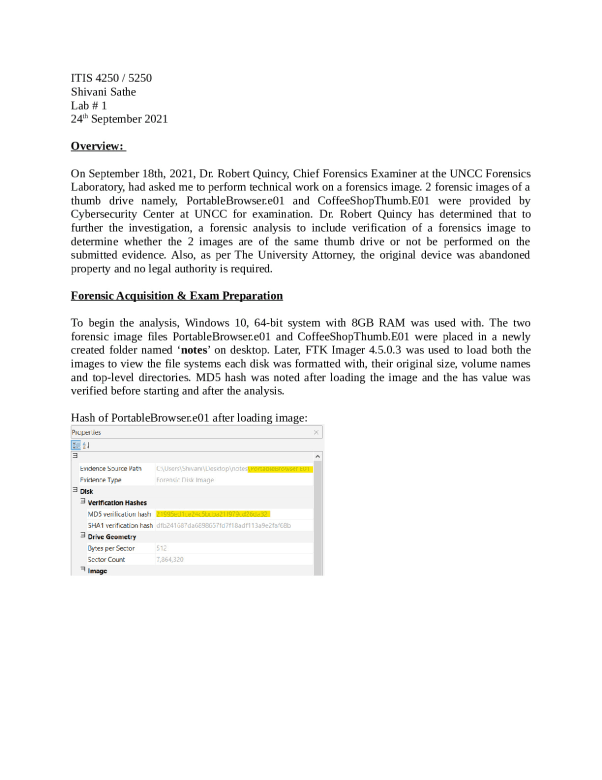 Lab 1 Forensic Report. University of North Carolina, Charlotte ITIS 4250