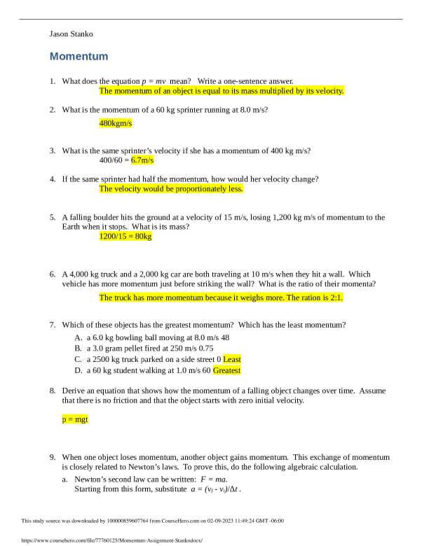 Momentum Assignment Stanko. Clearfield Area Hs MATH MISC