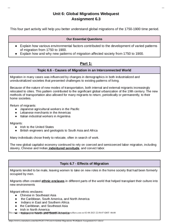 Unit 6 _ Global Migrations WebQuest Assignment 6.3 University of South ... Unit 6 _ Global Migrations WebQuest Assignment 6.3 University of South ...