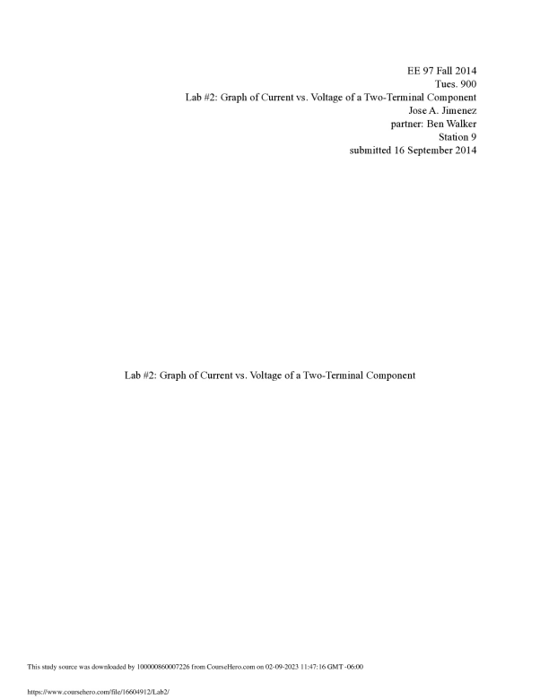 Lab #2: Graph of Current vs. Voltage of a Two-Terminal Component San ...