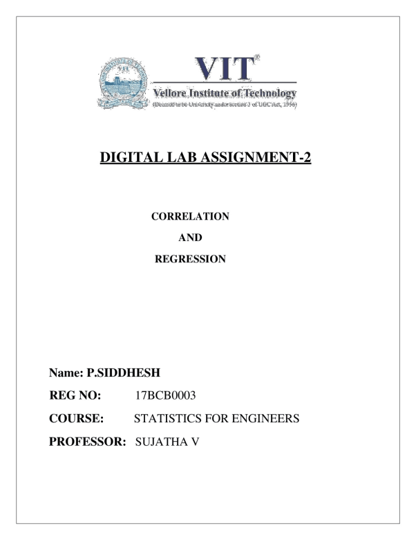 DIGITAL LAB ASSIGNMENT-2 CORRELATION AND REGRESSION