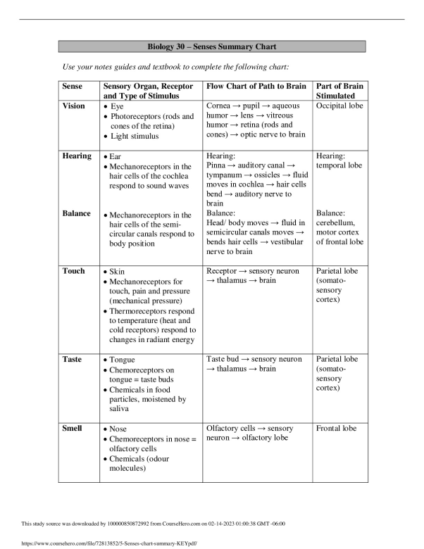 5 - Senses chart summary_KEY Strathmore High School BIOLOGY 30