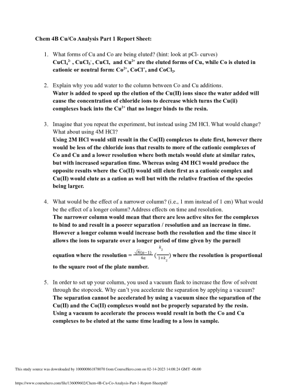 PHY MISC Chem 4B Cu/Co Analysis Part 1 Report Sheet: