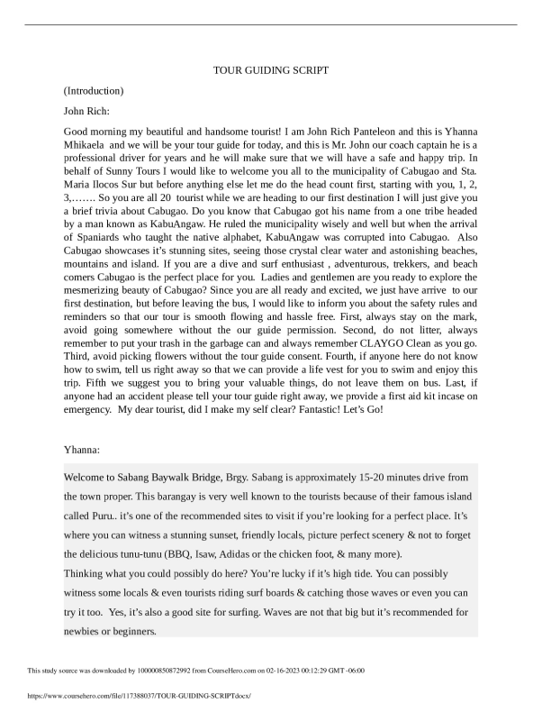 TOUR GUIDING SCRIPT University of Northern Philippines, Ilocos Sur ART MISC