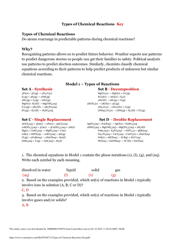 Kings High School CP CHEMISTRY 4400 Types of Chemical Reactions Key