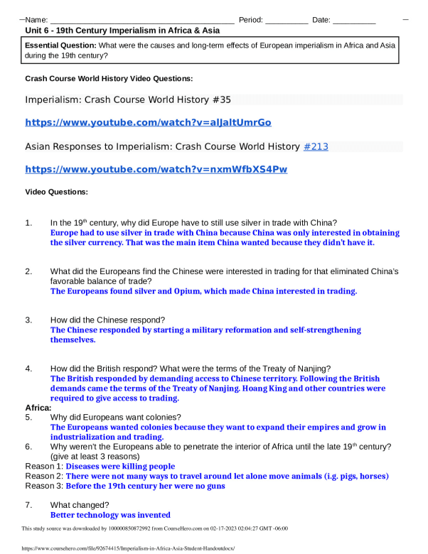 Imperialism in Africa & Asia Student Handout Elite High School AP WORLD ...