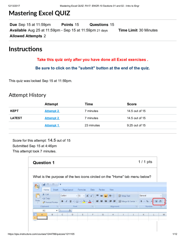 ENGR 10 Mastering Excel QUIZ: FA17: ENGR-10 Sections 01 and 02 - Intro to Engr