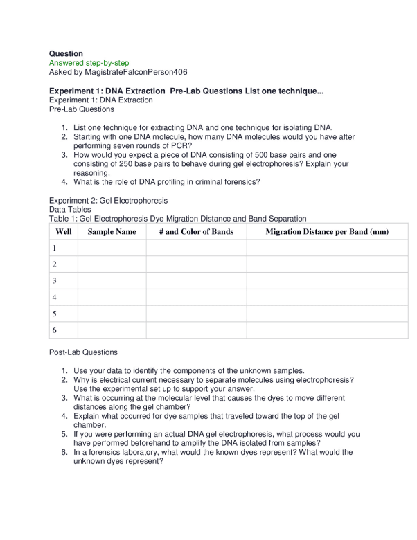 Pace University CHE CHE 107 Experiment 1: DNA Extraction Pre-Lab Questions