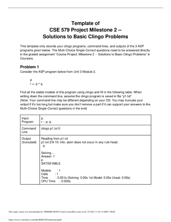 Template of CSE 579 Project Milestone 2 -- Solutions to Basic Clingo Problems Memorial ...