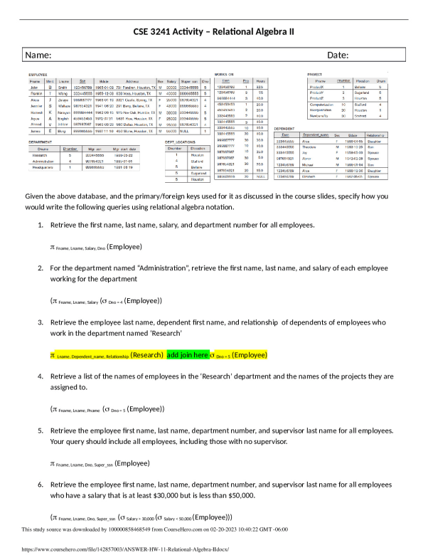 CSE 3241 Activity – Relational Algebra II