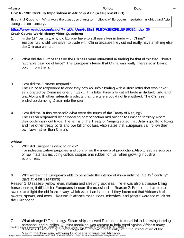 Unit 6_ Imperialism in Africa & Asia Student Handout Assignment 6.1 (1 ...