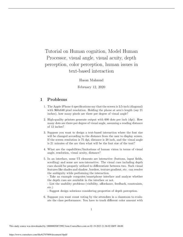 Tutorial on Human cognition, Model Human Processor, visual angle, visual acuity, depth ...