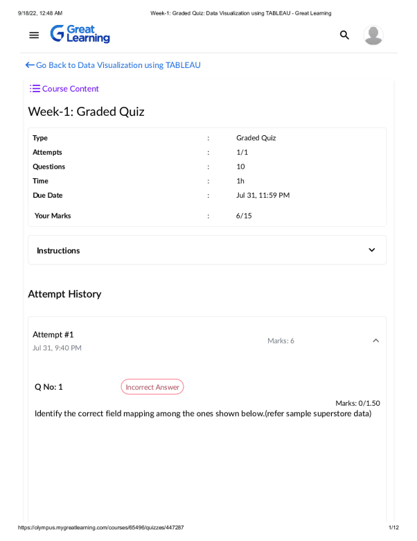 Week-1_ Graded Quiz_ Data Visualization using TABLEAU - Great Learning Great Lakes Institute Of ...