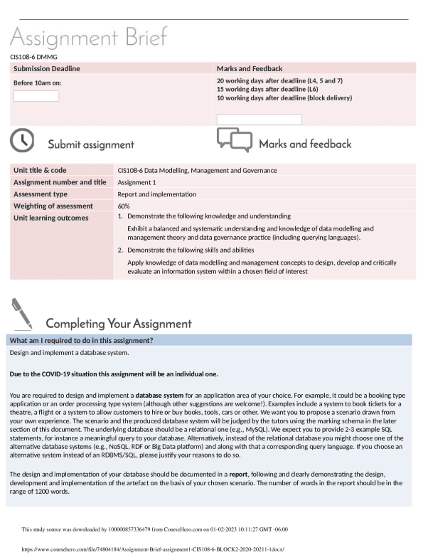 Seneca College COMPUTER 108 CIS108-6 Data Modelling, Management and ...