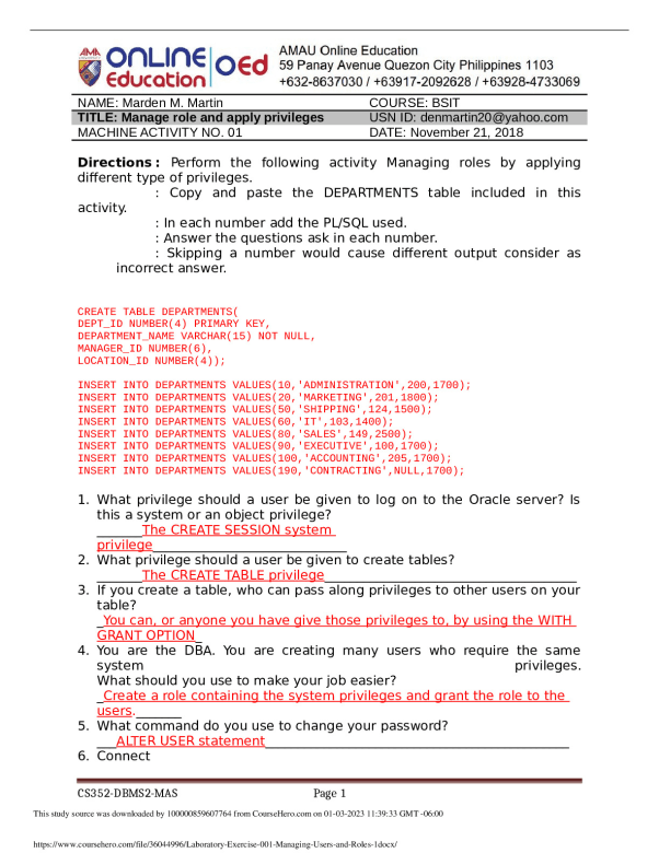 Laboratory Exercise 001 - Managing Users and Roles (1). AMA Computer University ICT ENTREP