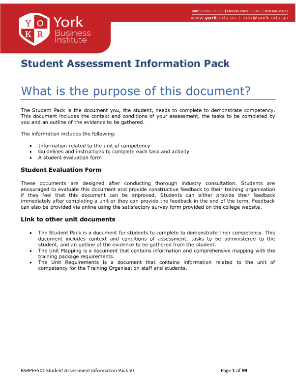 BSBPEF501 Student Assessment Information Pack Australian Pacific ...