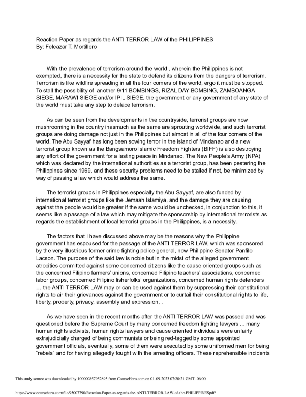 Reaction Paper as regards the ANTI TERROR LAW of the PHILIPPINES Philippine Law School LAW 123