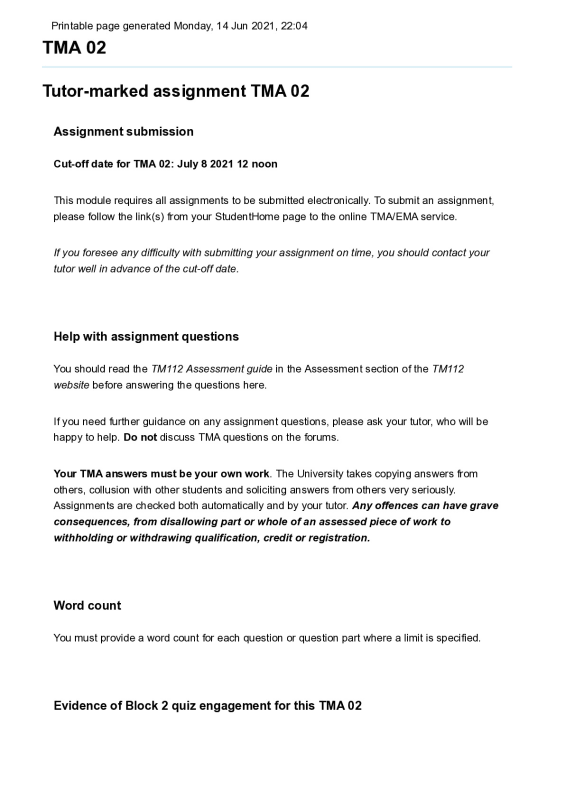 TMA 02: View as single page. The Open University COMPUTING TM112