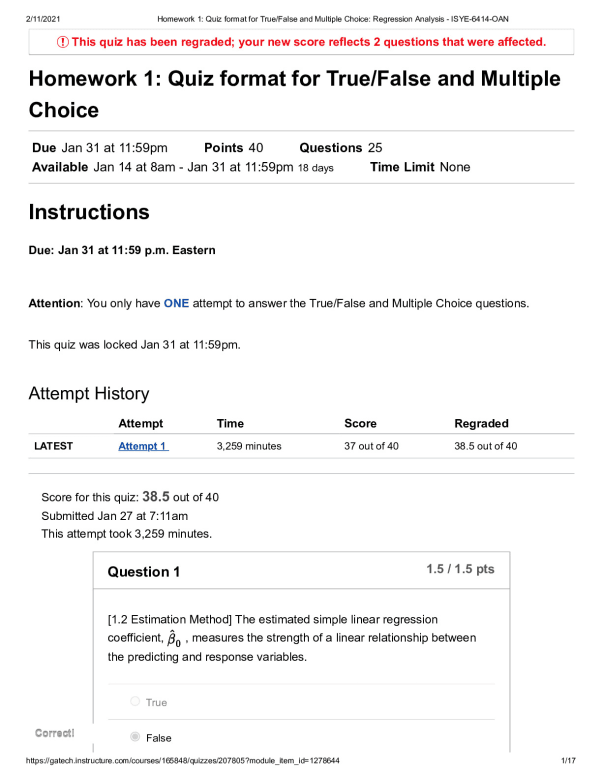 Homework 1_ Quiz format for True_False and Multiple Choice_ Regression Analysis - ISYE-6414-OAN ...