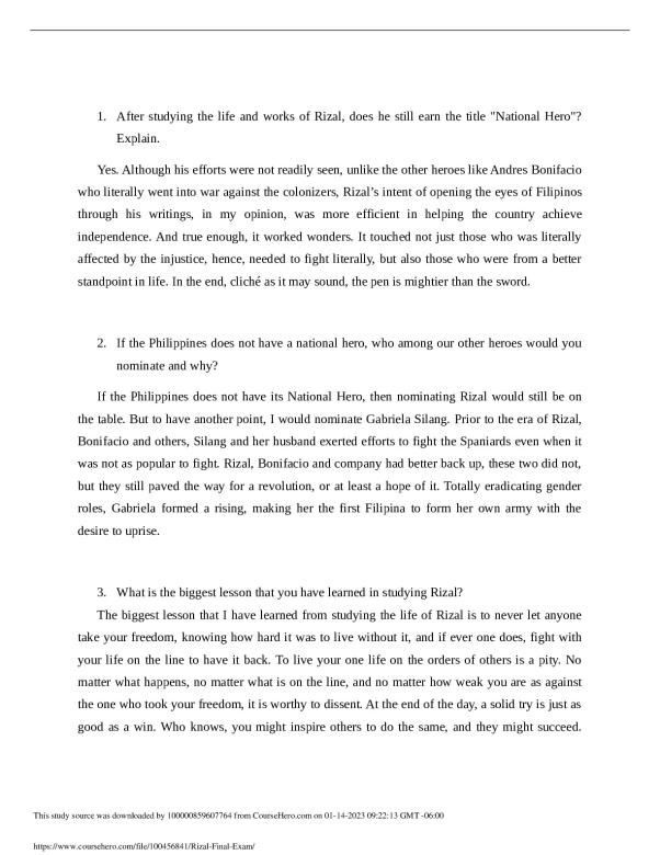 Rizal Final Exam University of Notre Dame LITERATURE RIZAL301