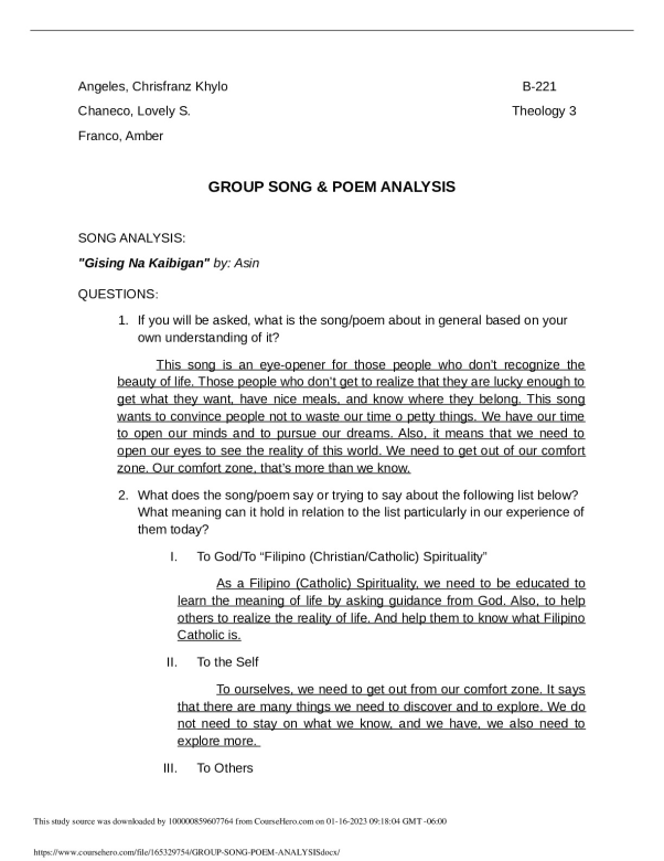 GROUP SONG & POEM ANALYSIS. Holy Angel University THEOLOGY 103