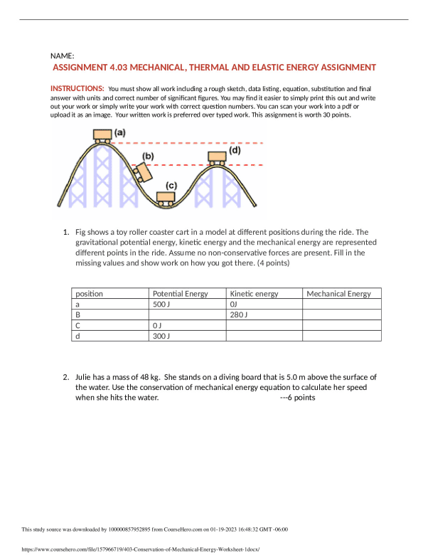 4.03 Conservation of Mechanical Energy Worksheet Riverwood ...