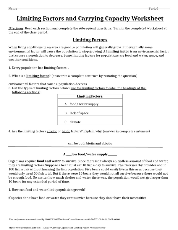 Carrying Capacity and Limiting Factors Worksheet. Randleman High BIO 1