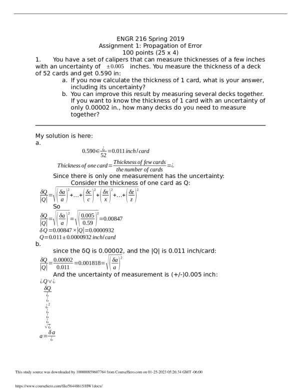 ENGR 216 Spring 2019 Assignment 1: Propagation of Error Texas A&M ...