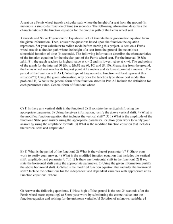 Math Calculus A seat on a Ferris wheel travels a circular path where ...