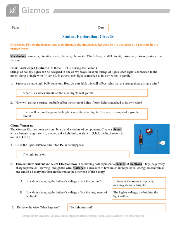 SCIENCE SNC1D_Student Exploration: Circuits_Vocabulary : ammeter ...