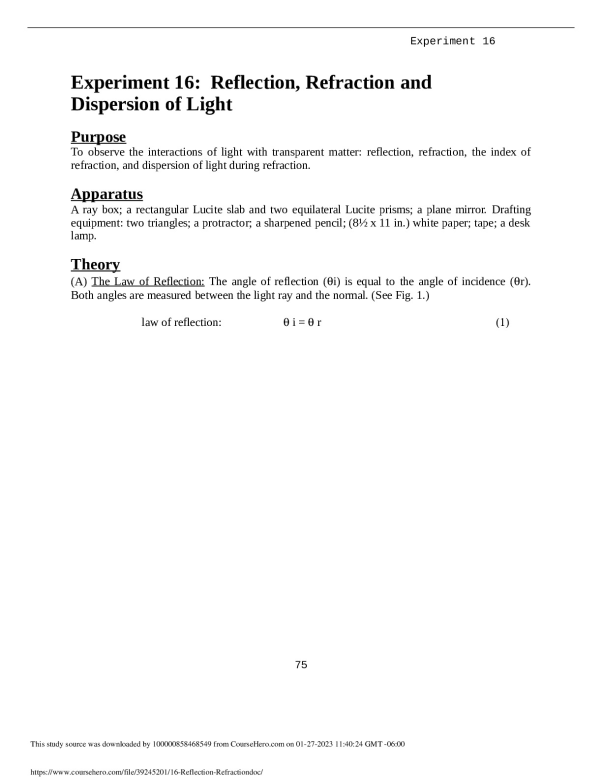 16 Reflection Refraction St Johns University Phy 1940