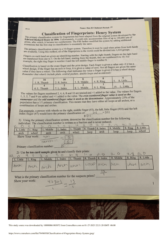 Classification of Fingerprints: Henry System . Brandon High School ...