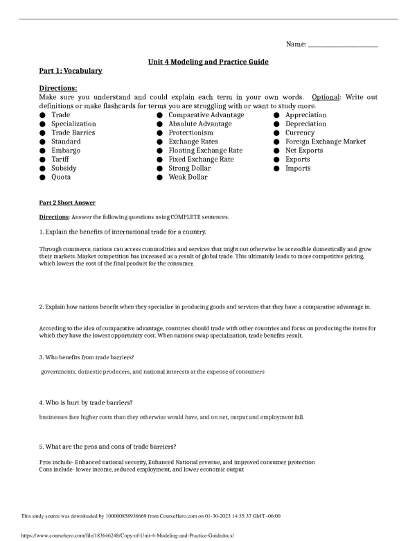Copy of Unit 4 Modeling and Practice Guide. Brookwood High School WORLD HIST World Hist
