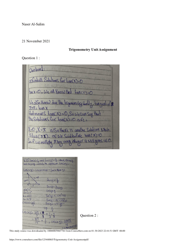 Trigonometry Unit Assignment. Virtual Highh School MATH MHF4U
