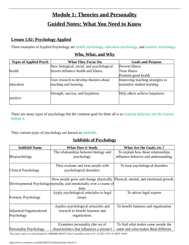 Module 1: Theories and Personality Guided Notes: What You Need to Know