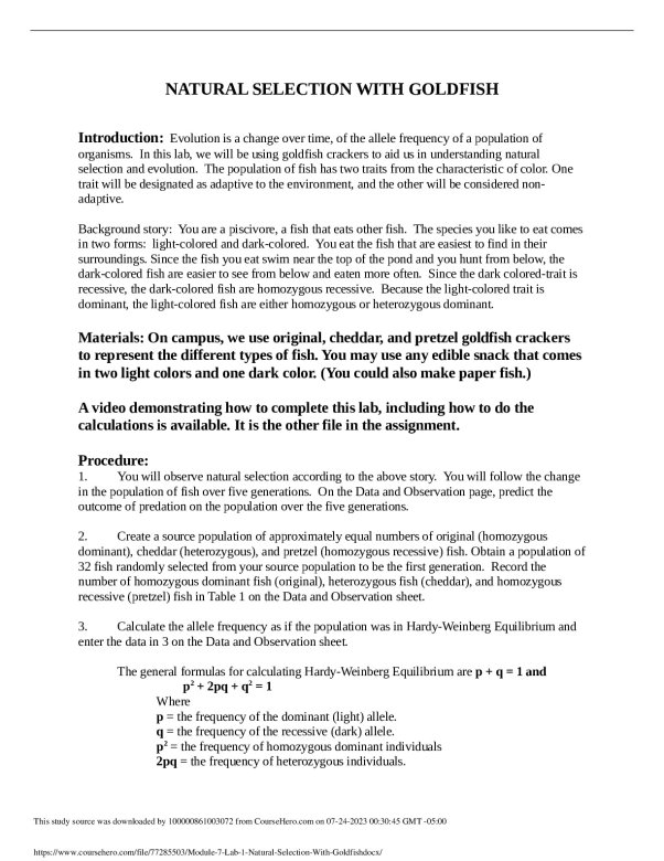 Module 7 Lab 1 Natural Selection With Goldfish