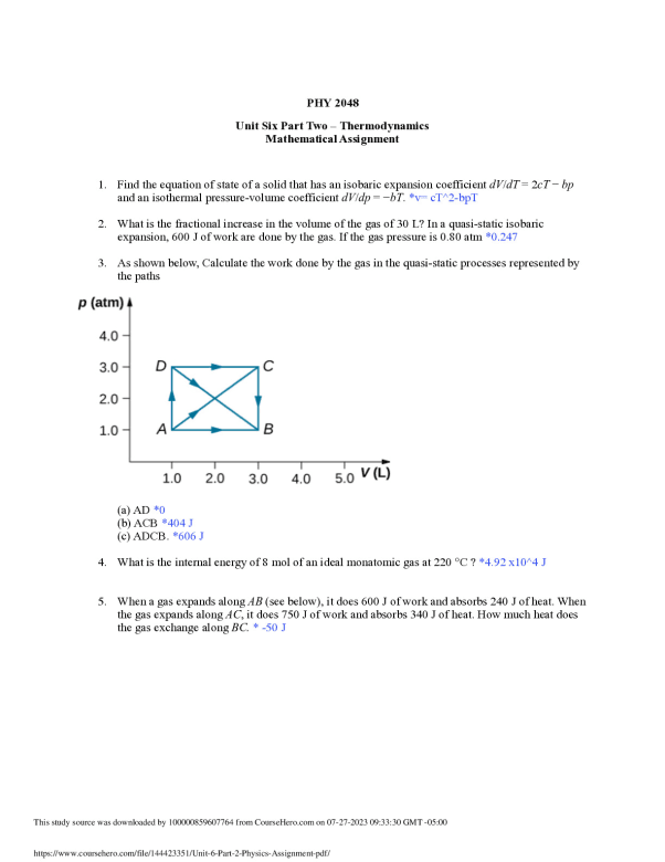 PHY 2048 Unit Six Part Two – Thermodynamics Mathematical Assignment