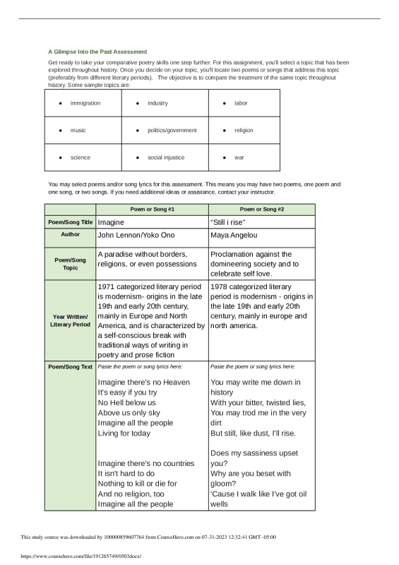 A Glimpse Into the Past Assessment