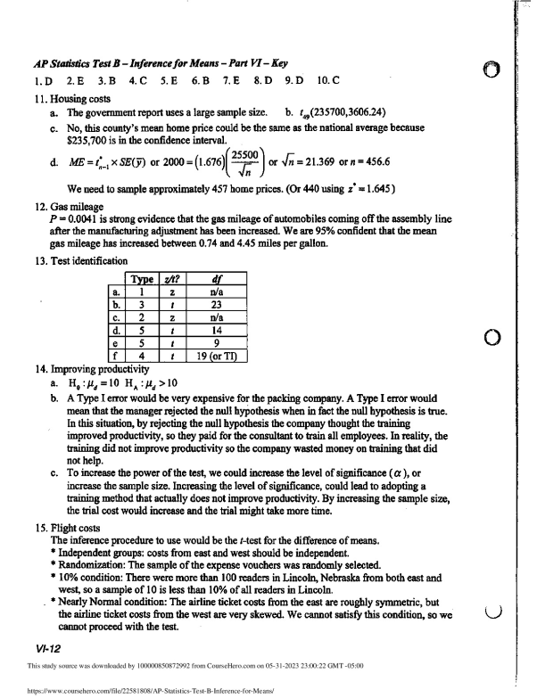 AP Statistics Test B-Inference for Means Joel Barlow High School MATH 101